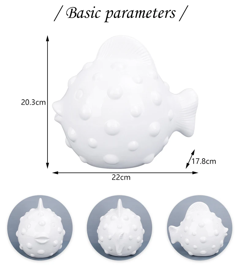 Redeco Cute White Puffer Fish Sculpture Ornaments Glazed Ceramic Animal ...