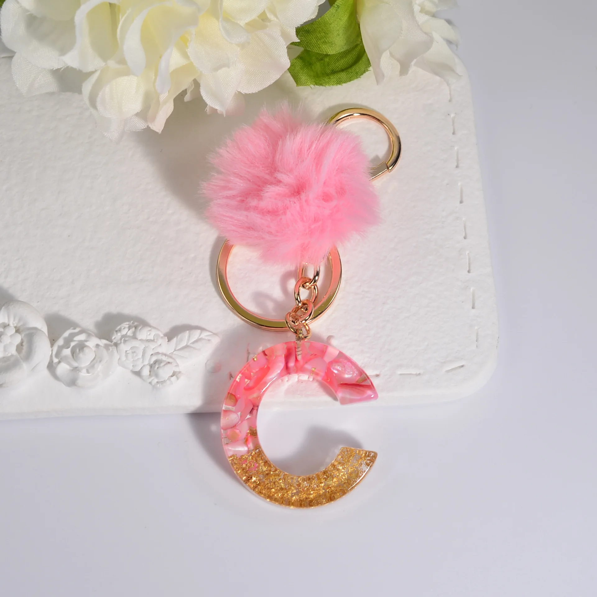 26 Letters English Pink Pompom Key Rings Red Rose Gold Foil Filling ...