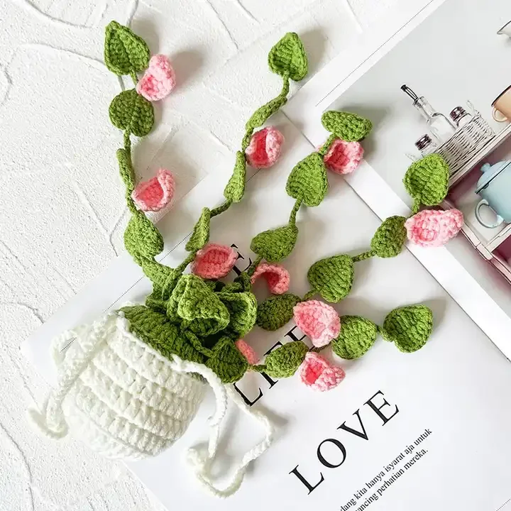 Handmade Flowers Pot Mini Potted Knitting Pothos Flowers Crochet Home ...