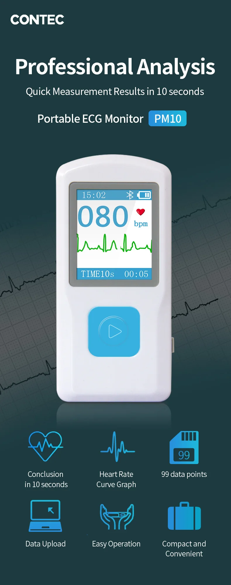 Contec Pm10 Color Tft Lcd Display Handheld Portable Ecg Bt Handheld ...