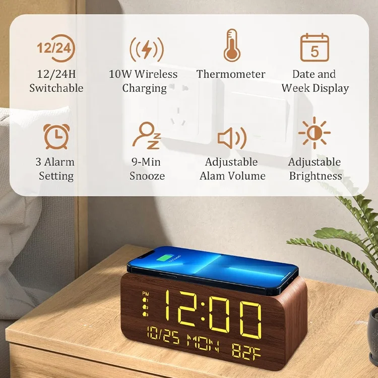 Premium Material Wireless Charging Led Wooden Digital Clock With ...