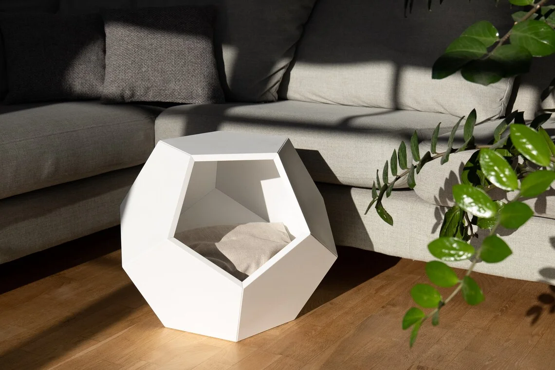 Modern White Mdf Cat Bed With Geometric Pattern Premium Designer Wooden ...