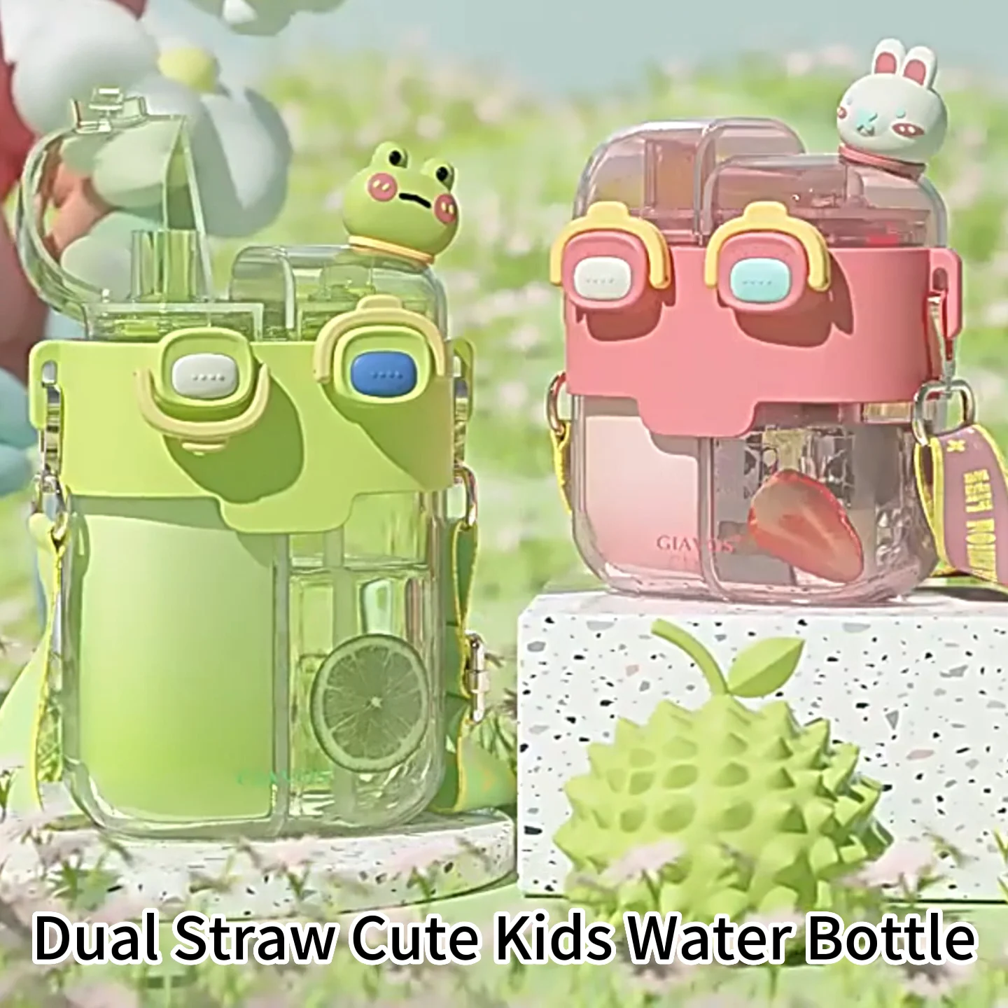 Kawaii Boys Girls Portable Dual Straw Double Drink Cup Two Compartment ...