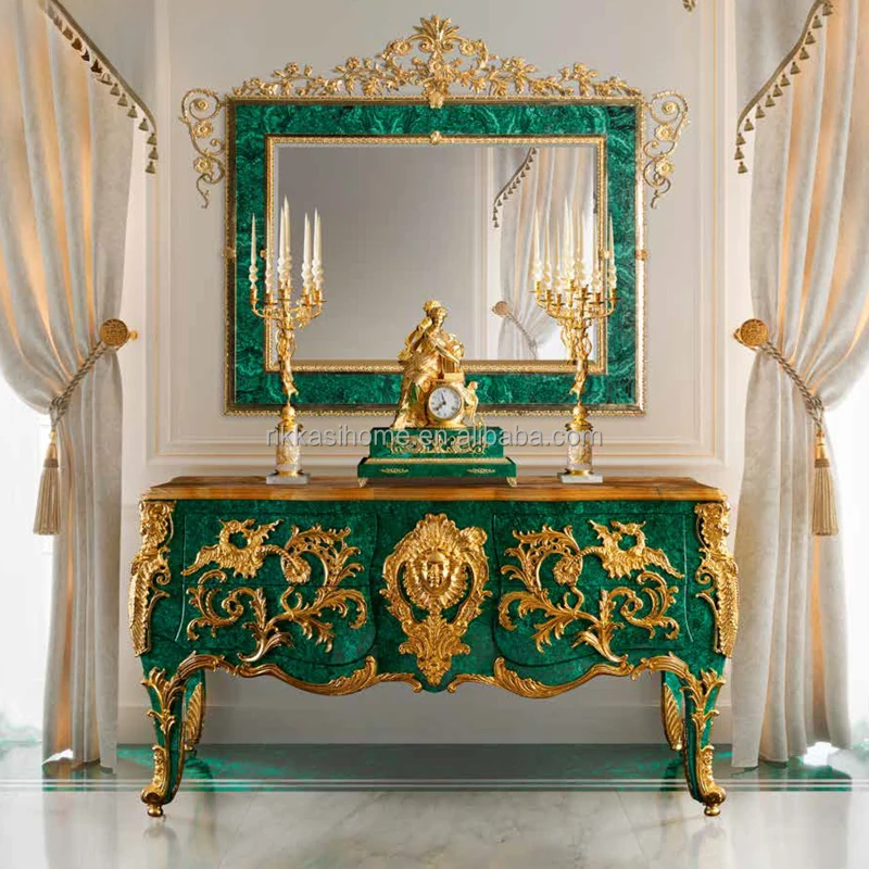 French Royal Luxury Golden and Green Color Solid Wood Console Cabinet ...