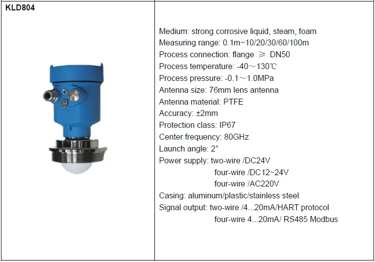 KLD800 Series FMCW 80G Radar Level Sensor for Liquid/solid Measurement