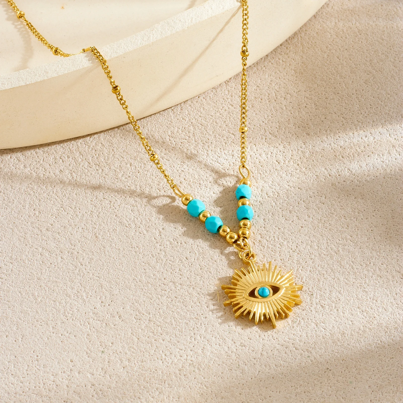 Retro Fashion Turquoise Beaded Jewelry Set Gold-Plated Stainless Steel ...
