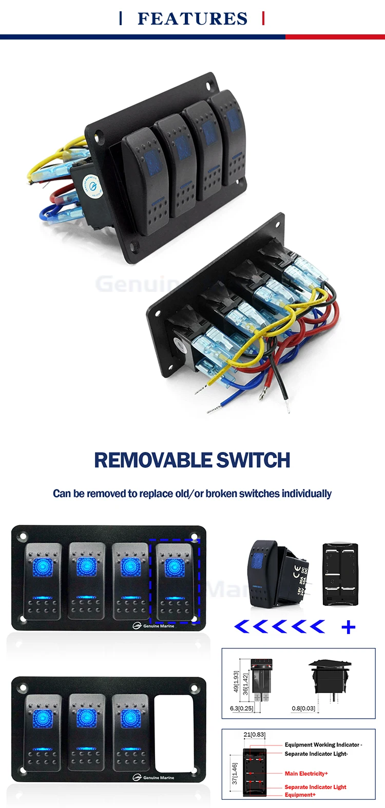 Genuine Marine 4 Gang Rocker Switch Panel - Buy 4 Switch Panel Ip67 ...