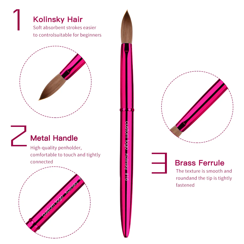High Quality 100% Kolinsky Acrylic Brush Hot Pink Metal Nail Art Brush ...