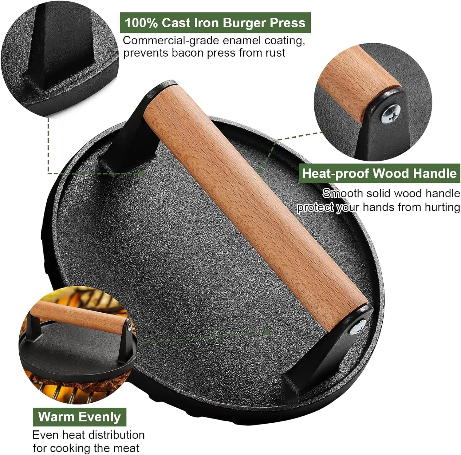 Heavy-duty Cast Iron Smash Burger Barbecue Presses Bacon Press Meat ...