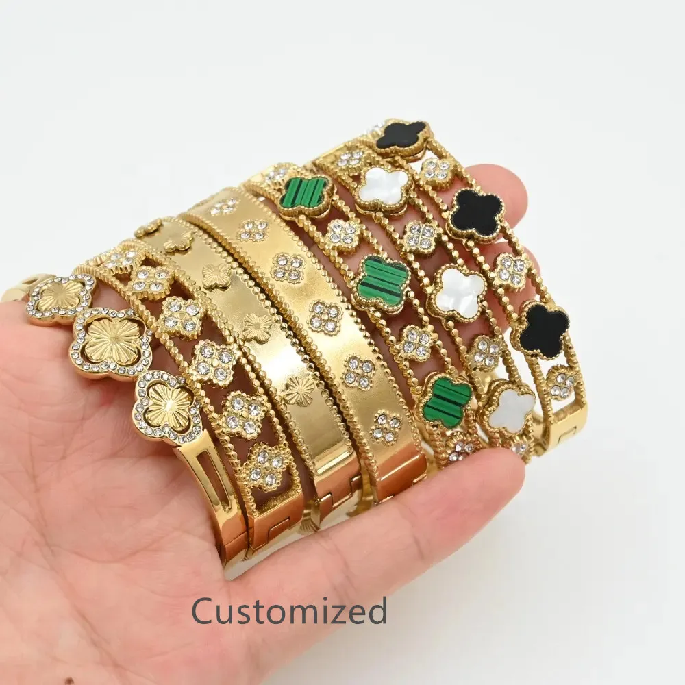 Designer Gold Plated Stainless Steel Clover Zircon Cuff Couple Bracelet ...
