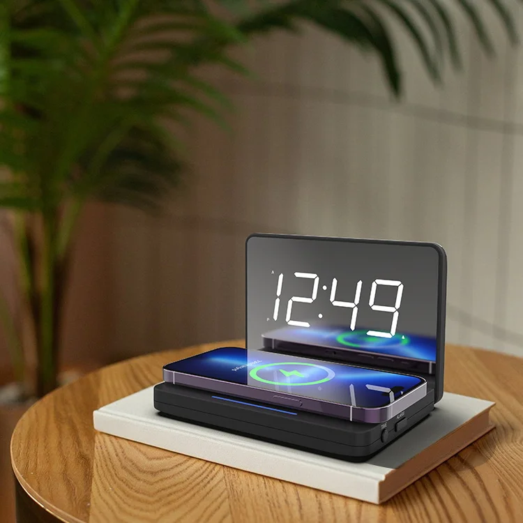 Wireless Charging LED Desk Clock with Alarm Snooze Smart Mirror Simple ...