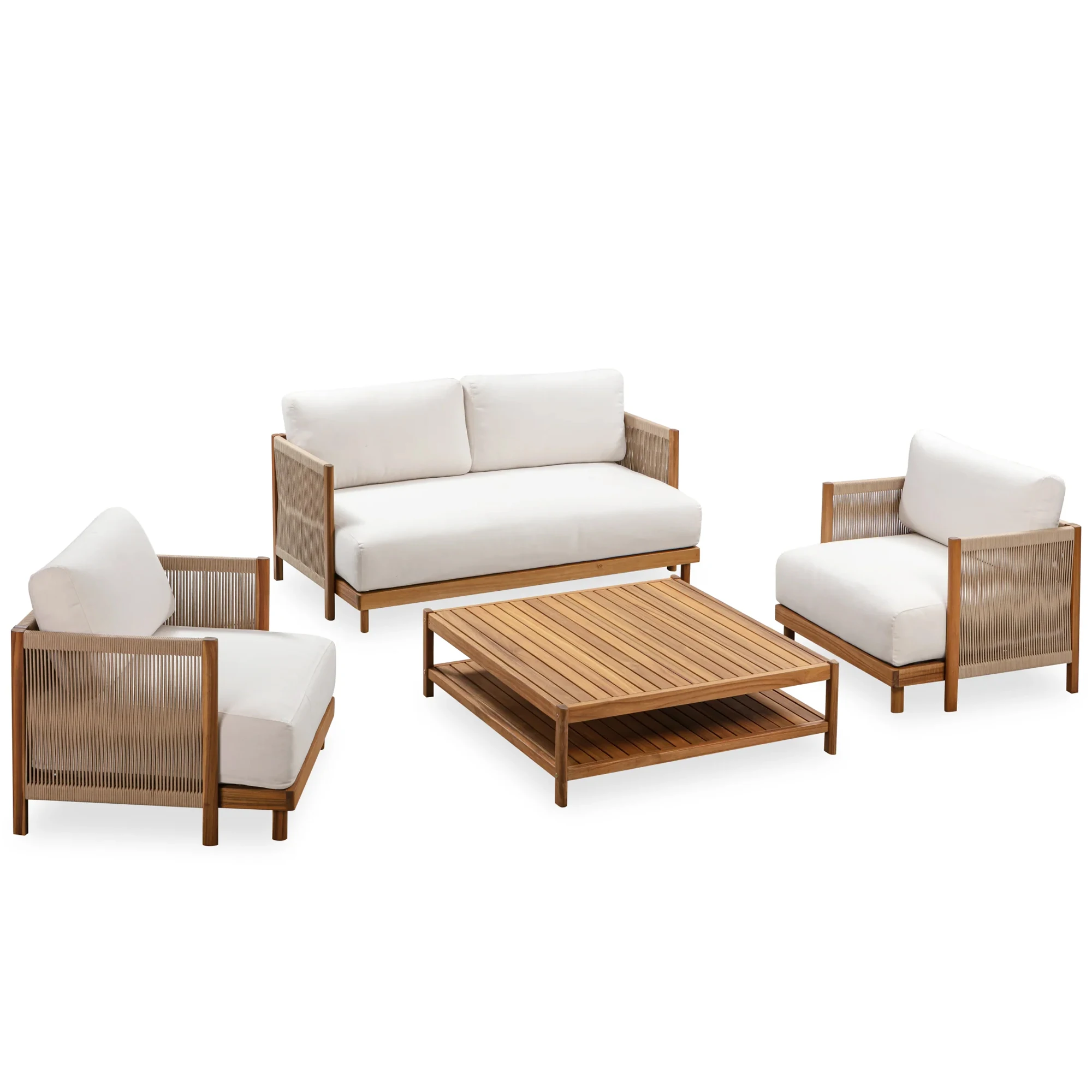 Patio Garden Furniture - Durable Teak Wood Weaving Rope Sofa Set