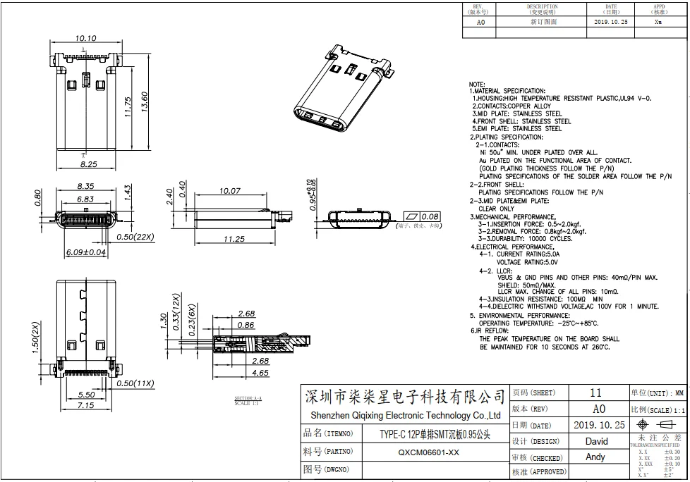 USB Type C 12 Pin Male Connector Horizontal Type Sinking Plate 0.95mm ...
