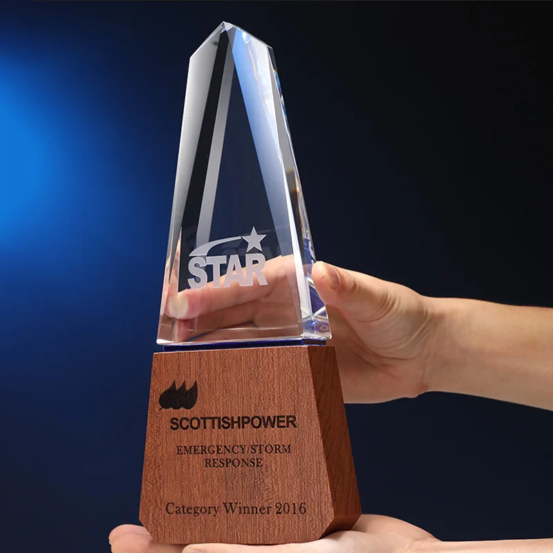 Custom 2025 Laser Engraved Crystal Trophy Wooden Base Awards Trophies
