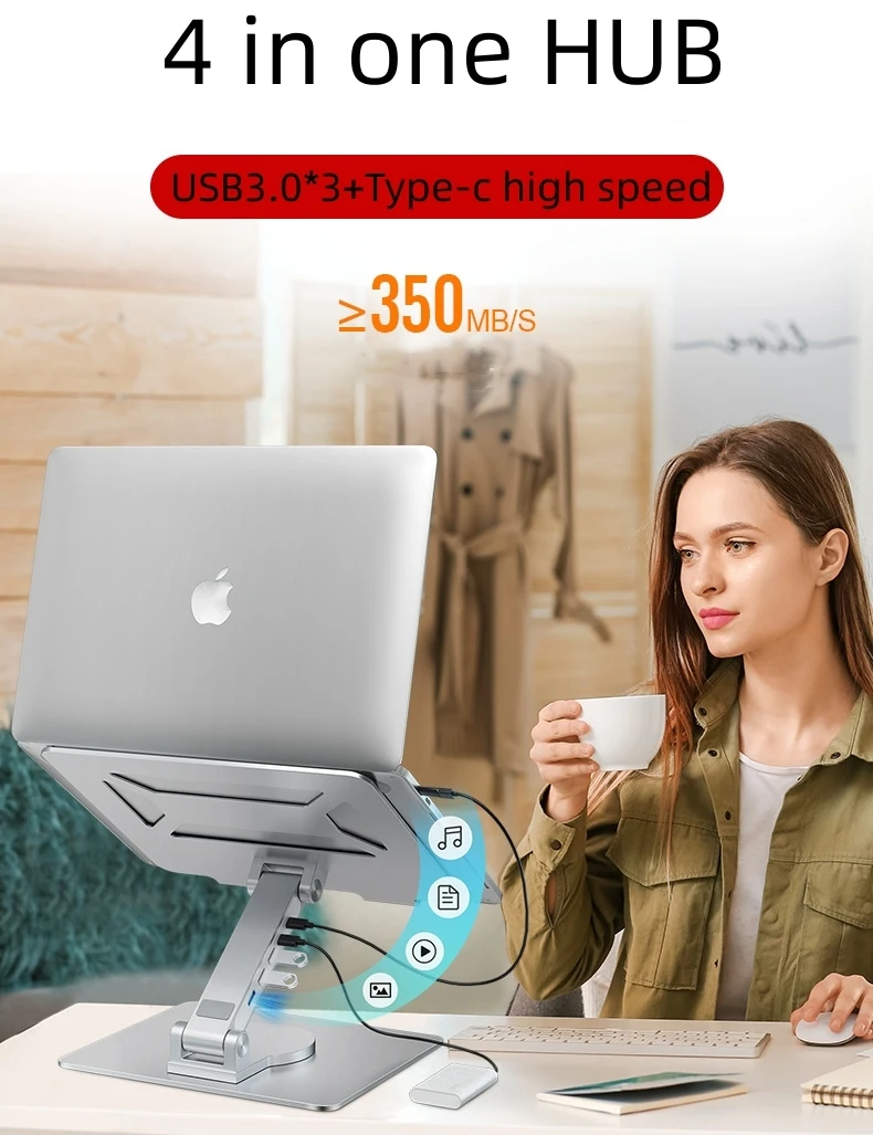 360 Rotation Aluminium Laptop Stand With Type C Docking Station 4 In 1 ...
