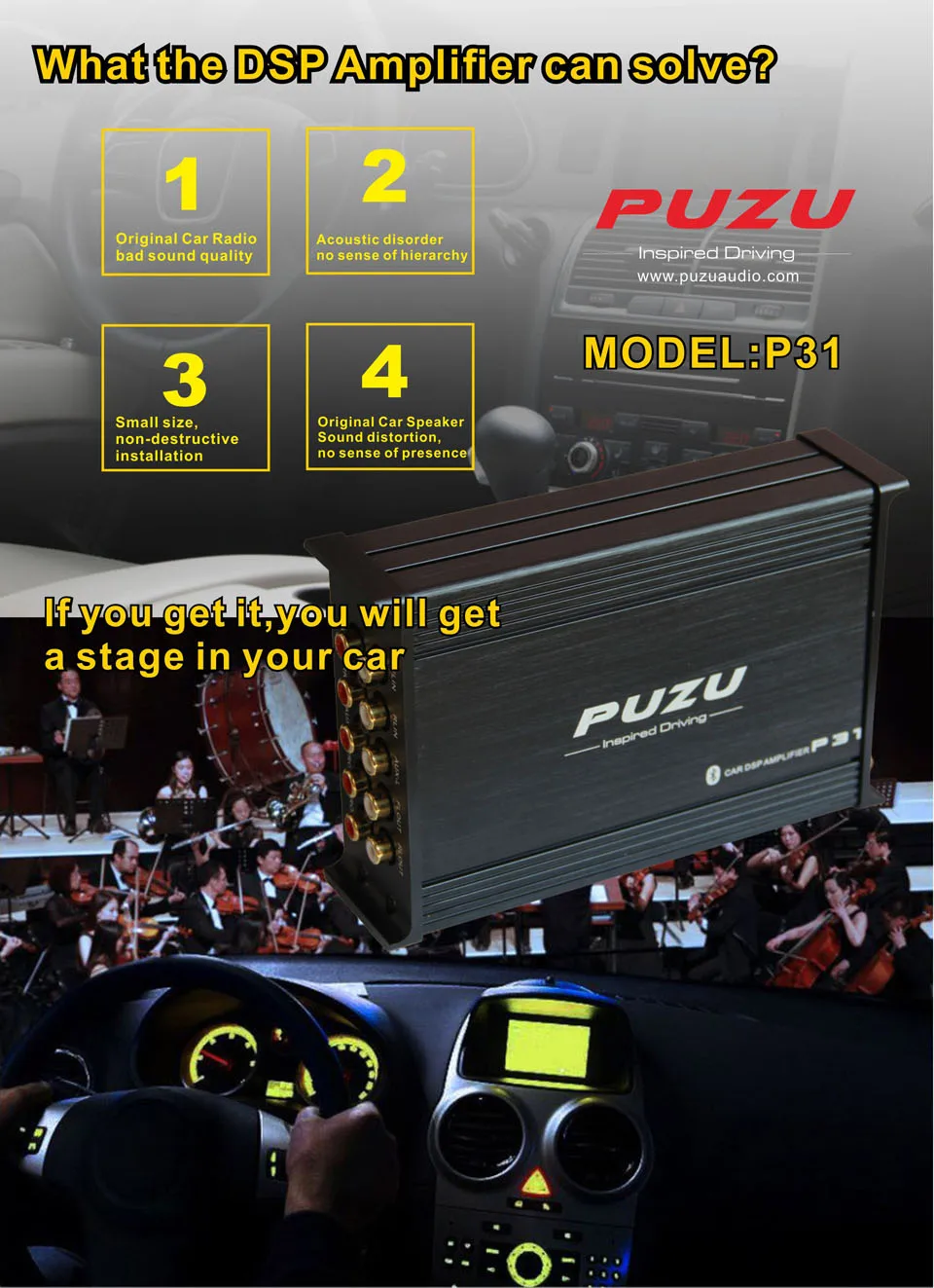 Car Audio DSP Amplifier - 350W, 4-Channel, 31-Segment EQ