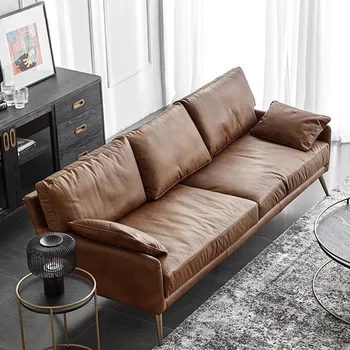 Italian Minimalist Straight Row Sofa Simple Retro Furniture Leather ...