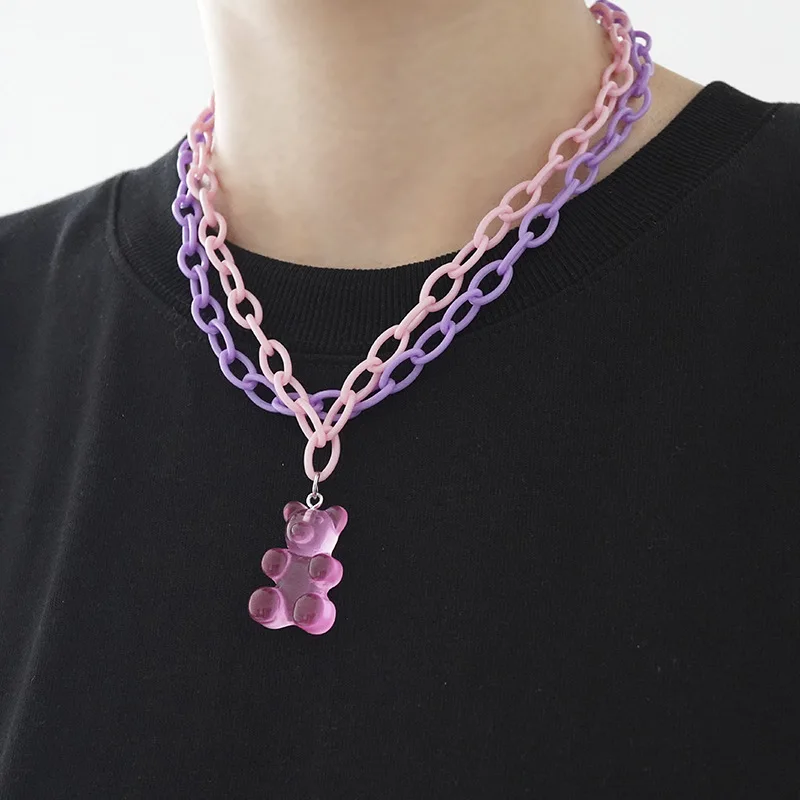 Cute Pink Plastic Acrylic Gummy Bears Double Layer Necklaces Fashion ...