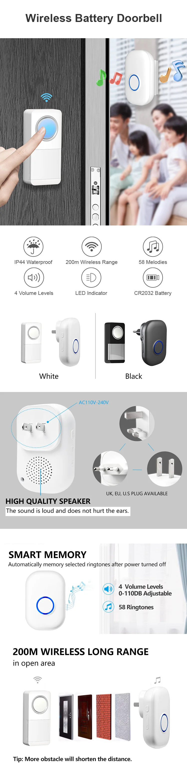 Factory Price Wireless Doorbell Waterproof Battery Powered Door Bell Ac ...