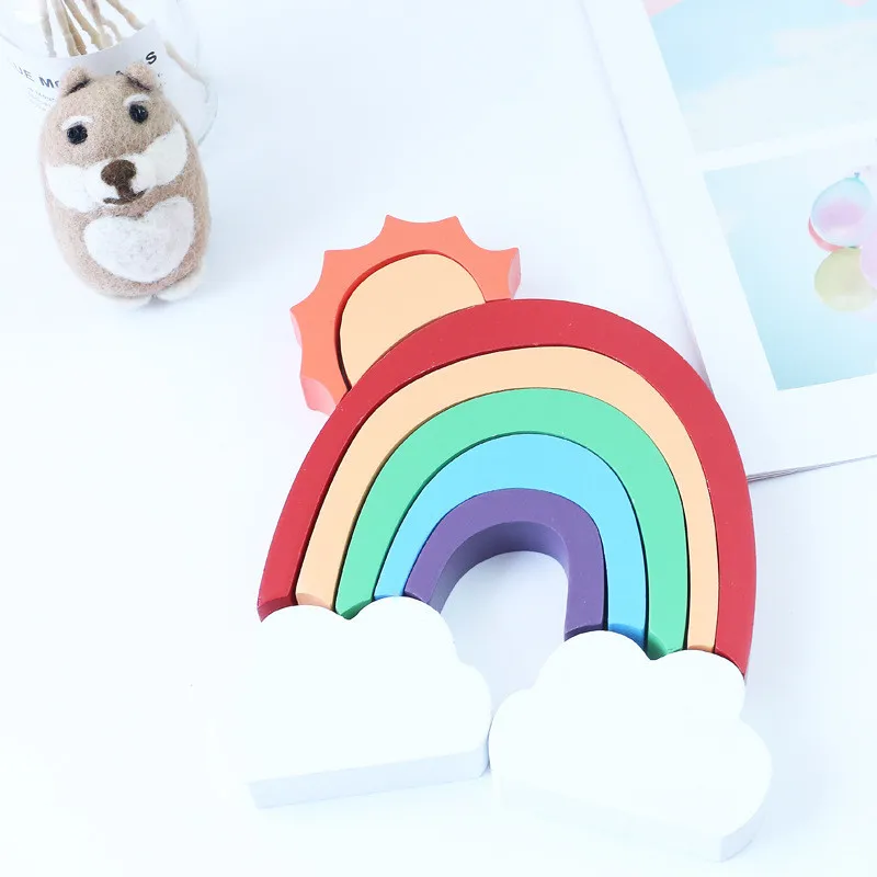 Wooden Montessori Rainbow Arched Stacker Wooden Rainbow Building Blocks ...