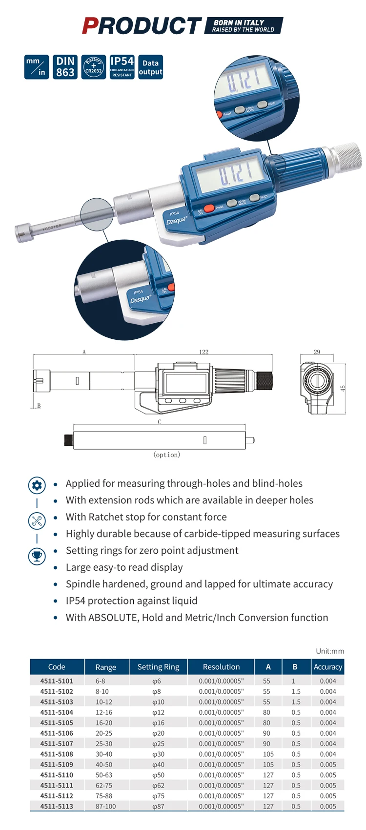 Dasqua 6-8mm Three Point Internal Micrometer - IP54 Waterproof