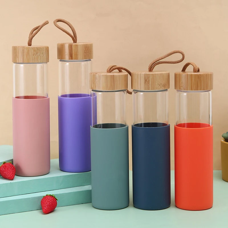 550ml Custom Bamboo Lid Water Glass Bottle with Silicone Sleeve ...