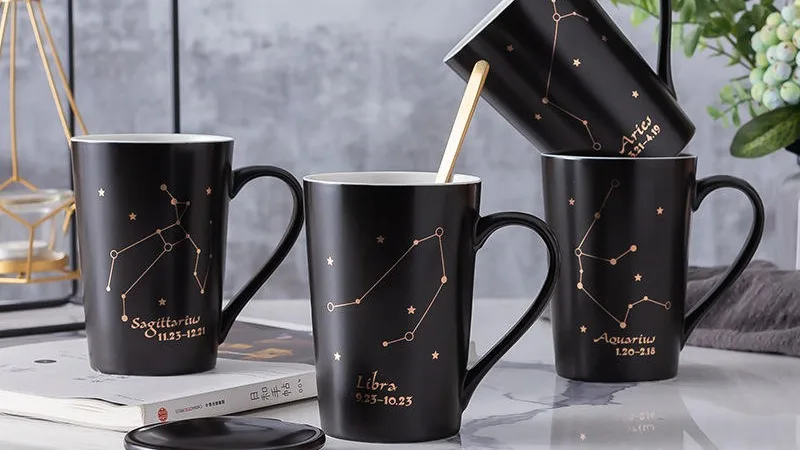 14oz 12 Constellations Ceramic Coffee Milk Mug With Spoon Lid Black And ...