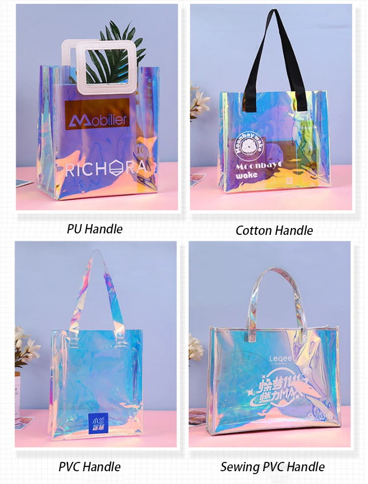 High Quality Customized PVC Holographic Shopping Plastic Tote Bag Custom Logo Clear Transparent Waterproof PVC Tote Bag Alibaba