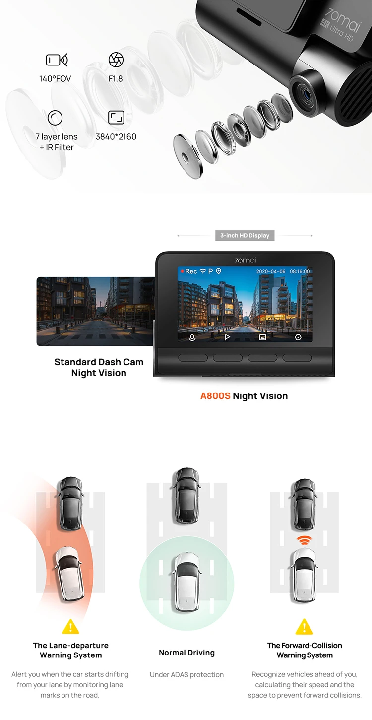 In Stock 70mai Dash Cam 4k A800s-1 Dual Channel Car Video Recorder Gps ...