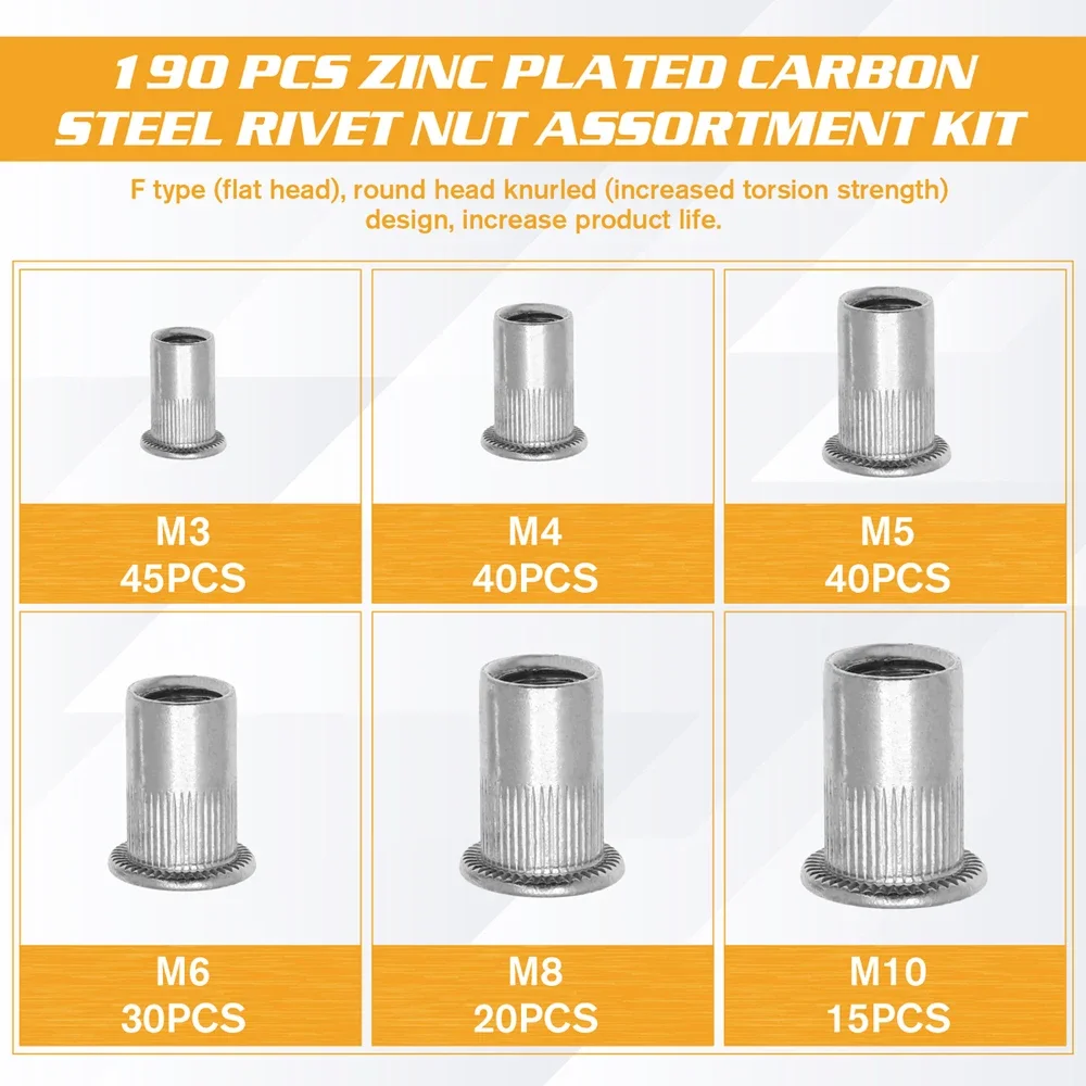 190pcs M3-M10 Aluminium Flat Head Rivet Nuts Set Nutserts