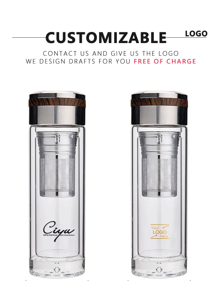 Wholesale Custom Logo 350ml Clear Double Wall Glass Bottle