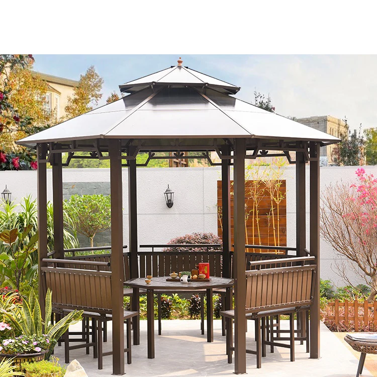 Prefab Iron Garden Pavilion 3.5*3.5m Outdoor Furniture Hexagonal Garden ...
