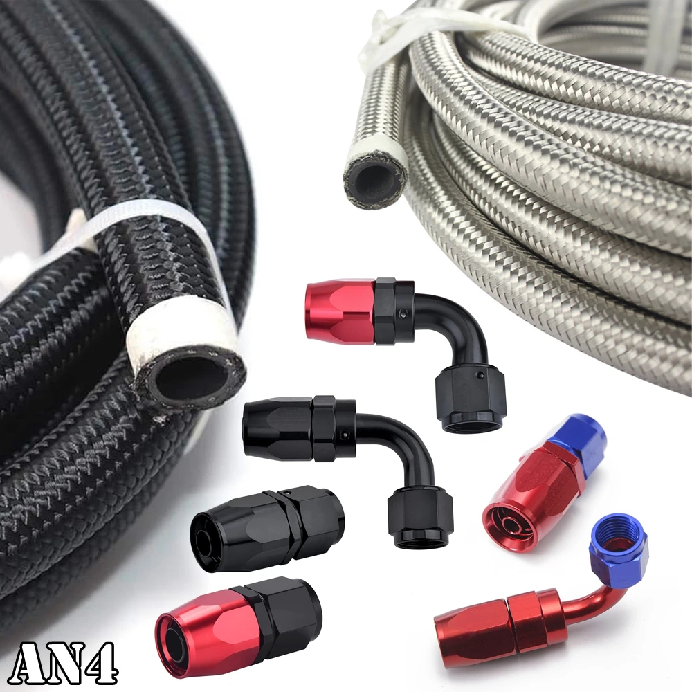 EPMAN 4AN Fuel Line AN4 Stainless Steel Braided Oil Hose Nylon CPE Black With Straight 90 Degree ...