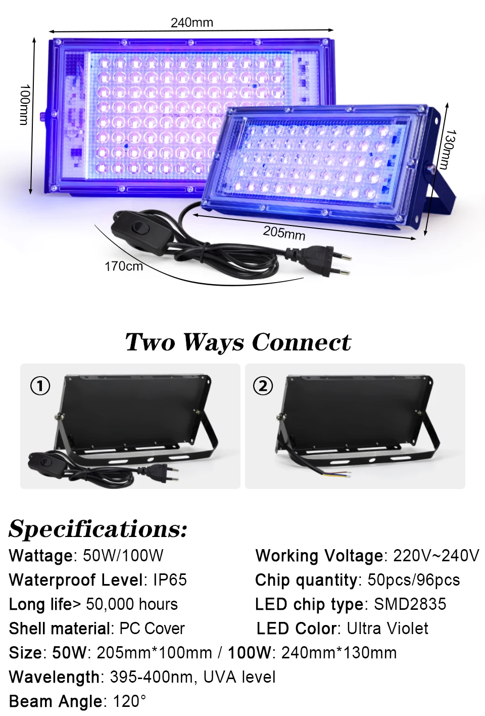 395nm 400nm Led UV Floodlight Ultraviolet Stage Lamp 50W 100W LED Stage ...