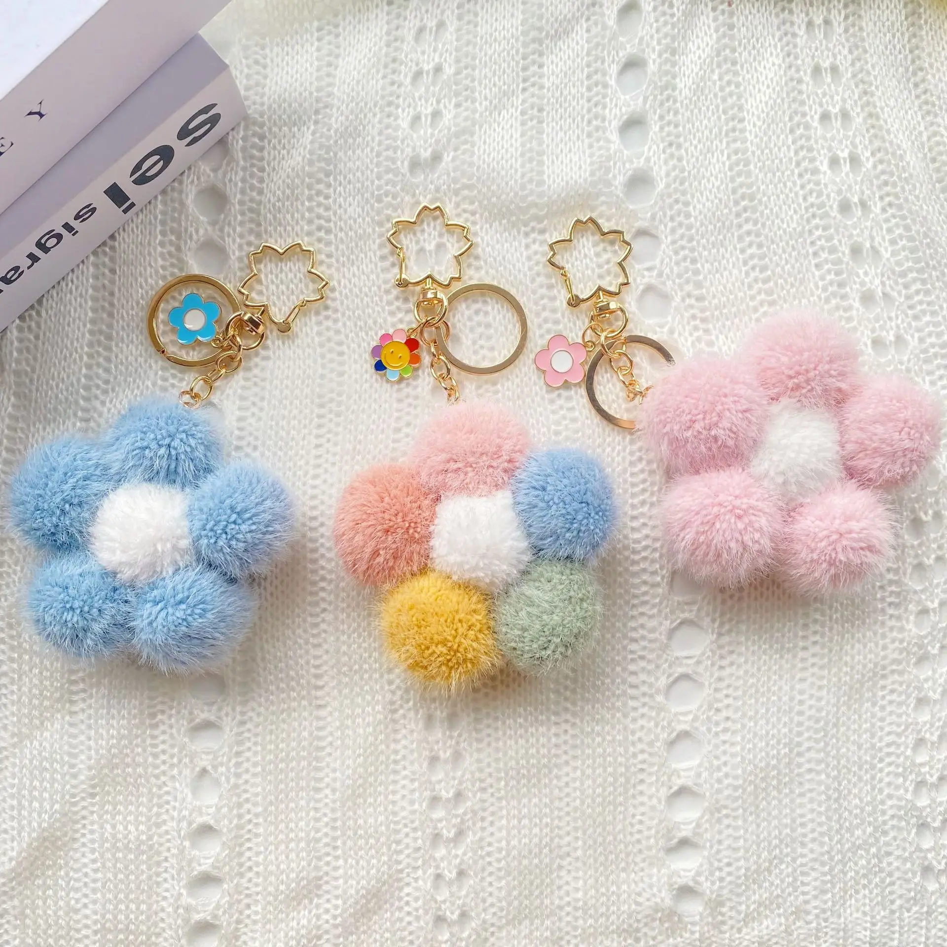 Hot Sale Cute Soft Plush Flower Pendant Keychain Bag Charm Fluffy Flush ...