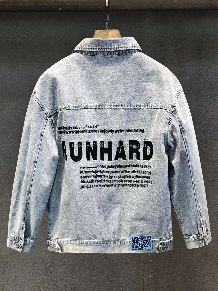 High Quality Embroidered Patch Denim Jacket For Mens Blue And Black