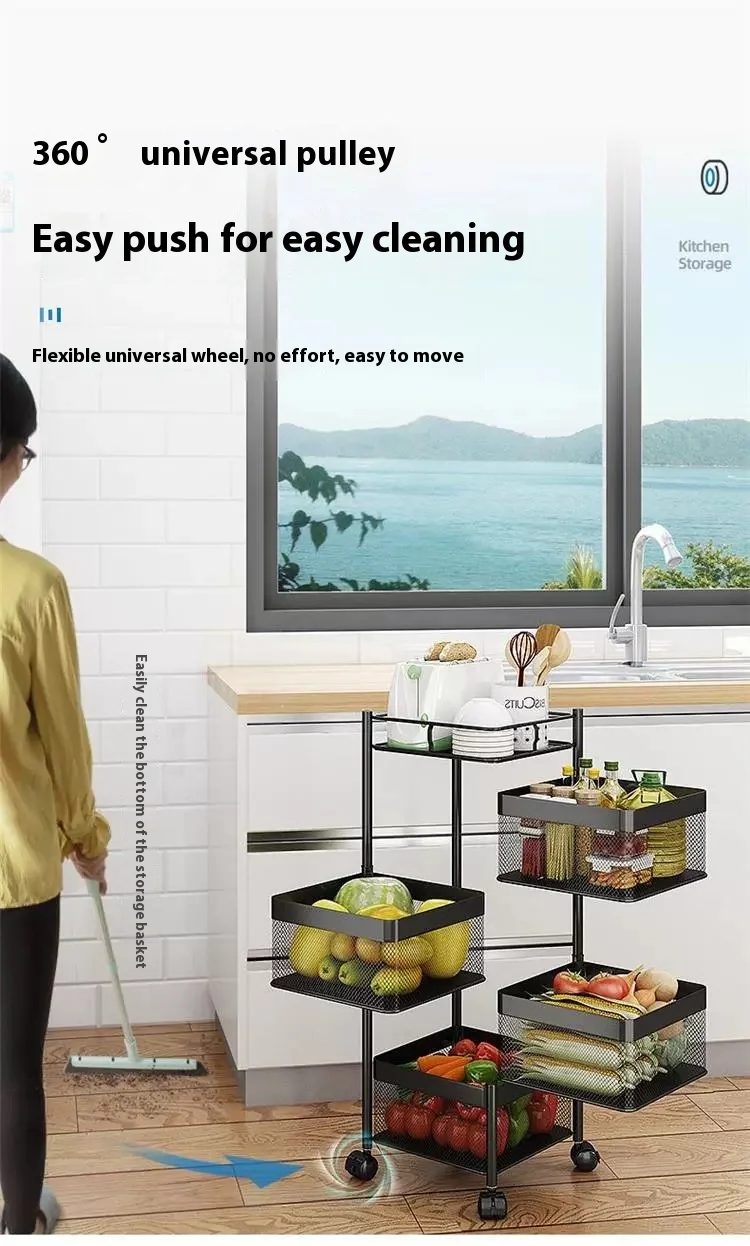Metal Trolley Cart with Multilayer Rotating Vegetable Baskets