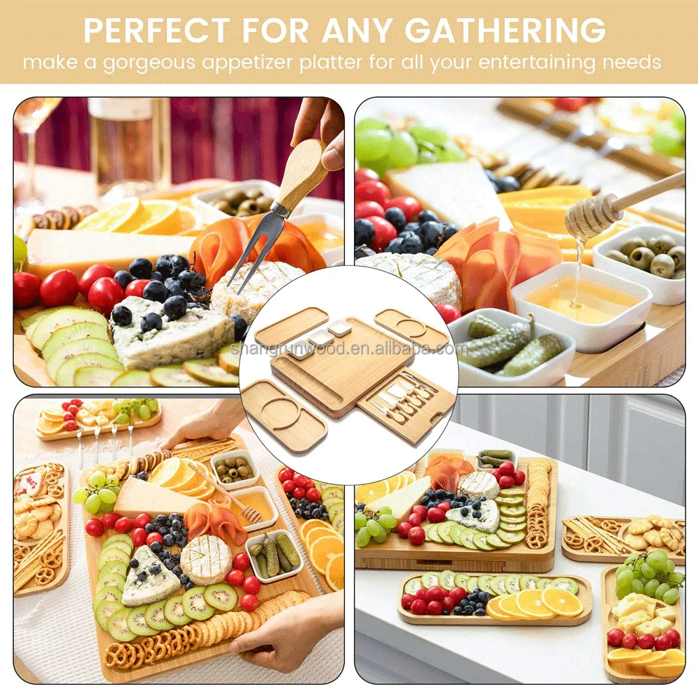 Bamboo Cheese Charcuterie Board With Knife Set Chacuterie Board Cheese ...