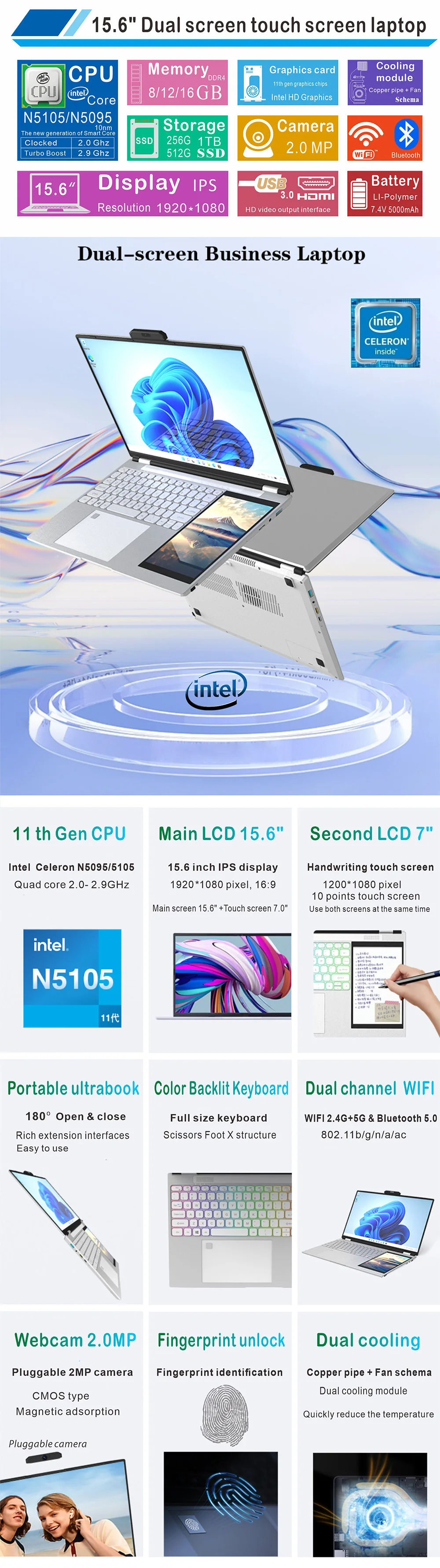 15.6"+7" High Quality 180 Degree Opening and Closing Notebook Computer ...