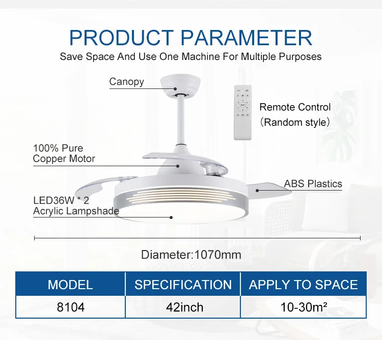 Decorative Retractable Blade Led Invisible White Fanlighting Air ...