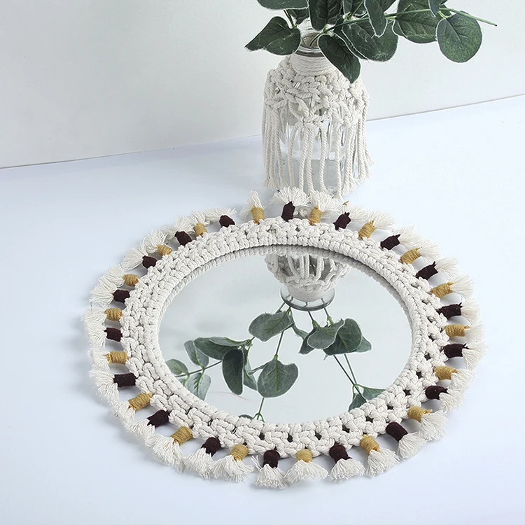 Round Boho Macrame Mirror Macrame Mirror Wall Hanging Cotton Rope Handwoven Mirror Macrame For ...