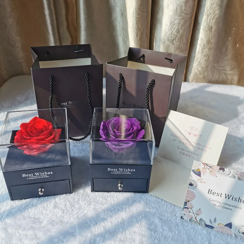 Rotating Eternal Rose Box Double Heart Engraved Flower Necklace Gift Box Preserved Flower Box ...