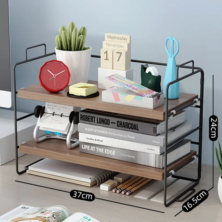 Stackable 2 Tier Home Office Organizer Rack Metal Wooden Storage Shelf ...