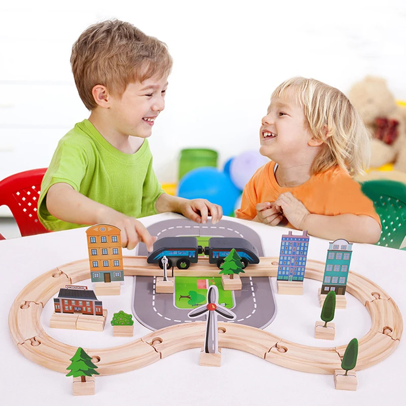 46-piece Wooden Train Toy Set Fun Scene Model Railway Parts ...