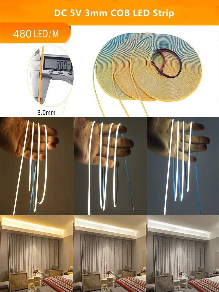 Free Cut Cob Led Strip 3mm Dc 5v Led Cob Strip Light Usb Various Specifications Warm White 5mm ...