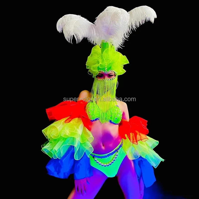 Fluorescent Color Creative Stage Costumes Feather Headdress Bikini ...