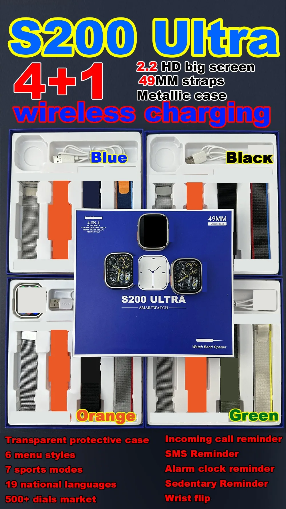 2023 Newest S200 Ultra Smart Watch Ultra 2 With 4 Watch Straps Social ...