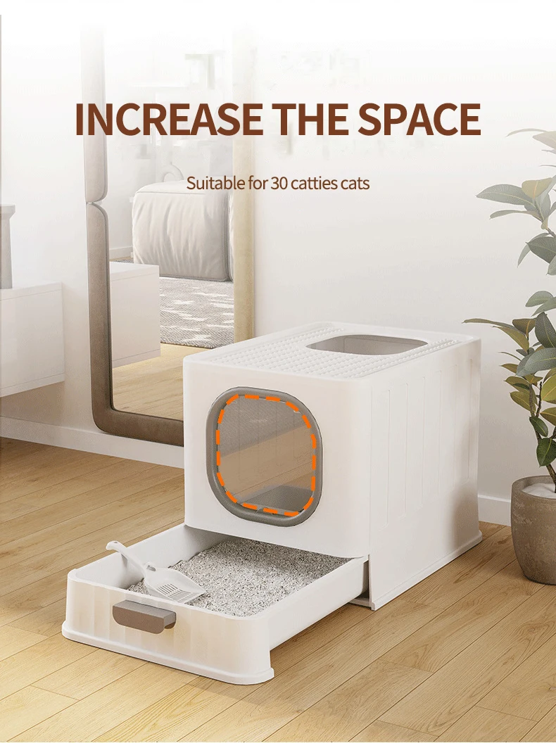 Large Fully Enclosed Plastic Cat Litter Box Foldable Anti-Odor Anti ...