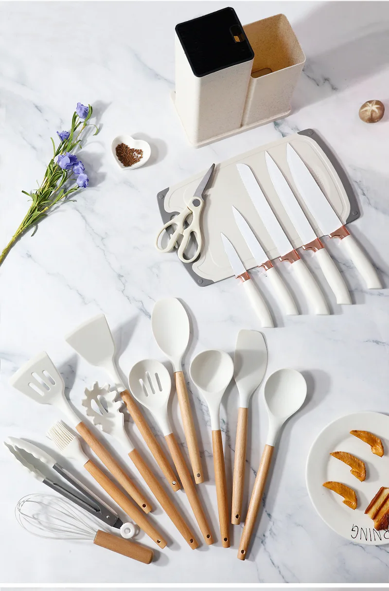 19-piece Silica Gel Kitchen Utensil Set with Wooden Handle