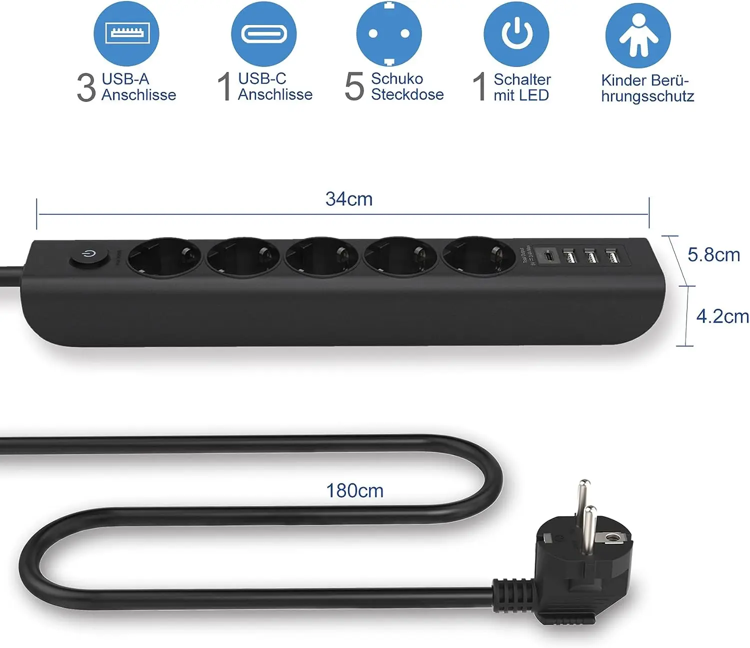 4 Ways 4 USB+Type-C Port Socket Multi Smart Power Strip Multifunction ...